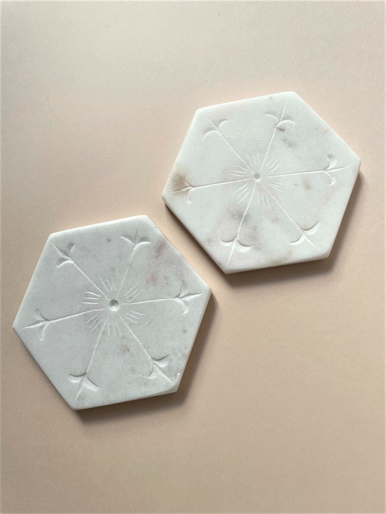 White Marble Coaster Set of 4, Hexagonal Snowflake Coasters, Decorative ...