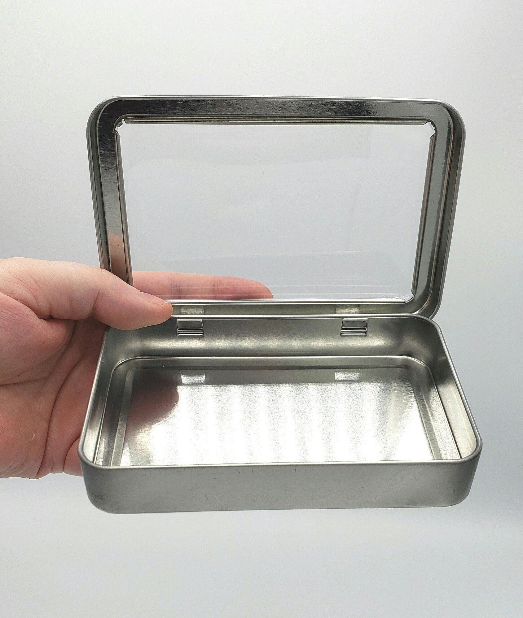 Silver Windowed Empty Hinged Tin With Lid, Rectangular Metal En Plein ...