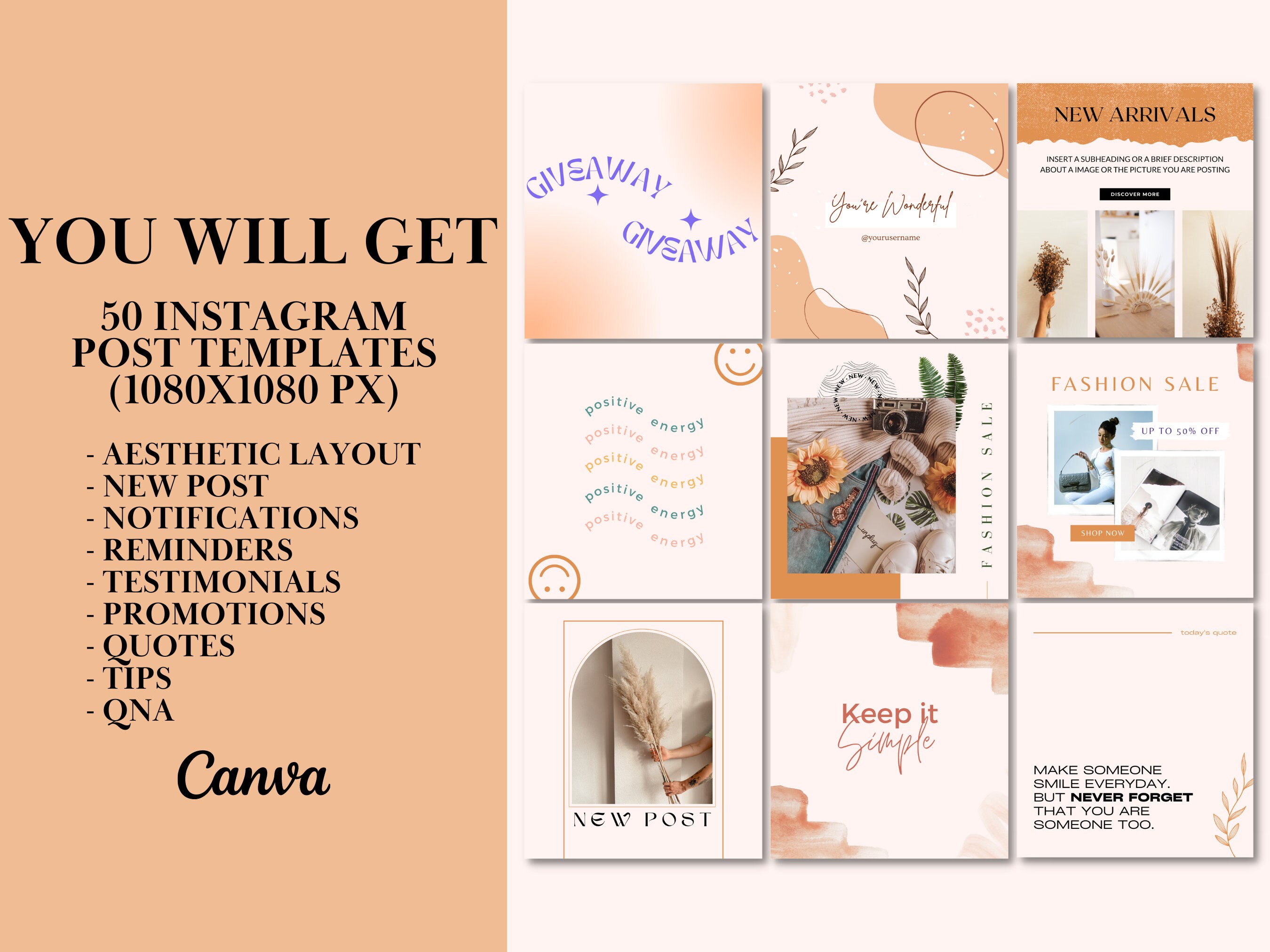 Boho-themed Instagram Post Canva Template Bundle for Social Media ...
