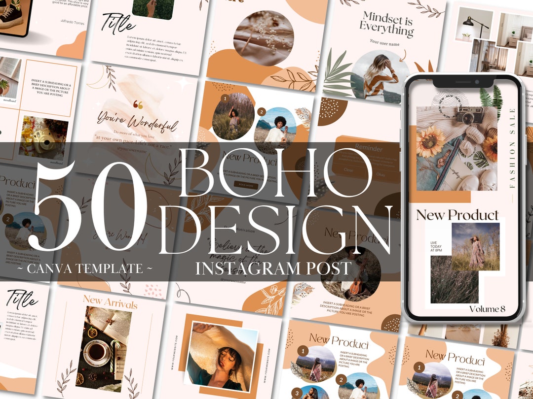 Boho-themed Instagram Post Canva Template Bundle for Social Media ...