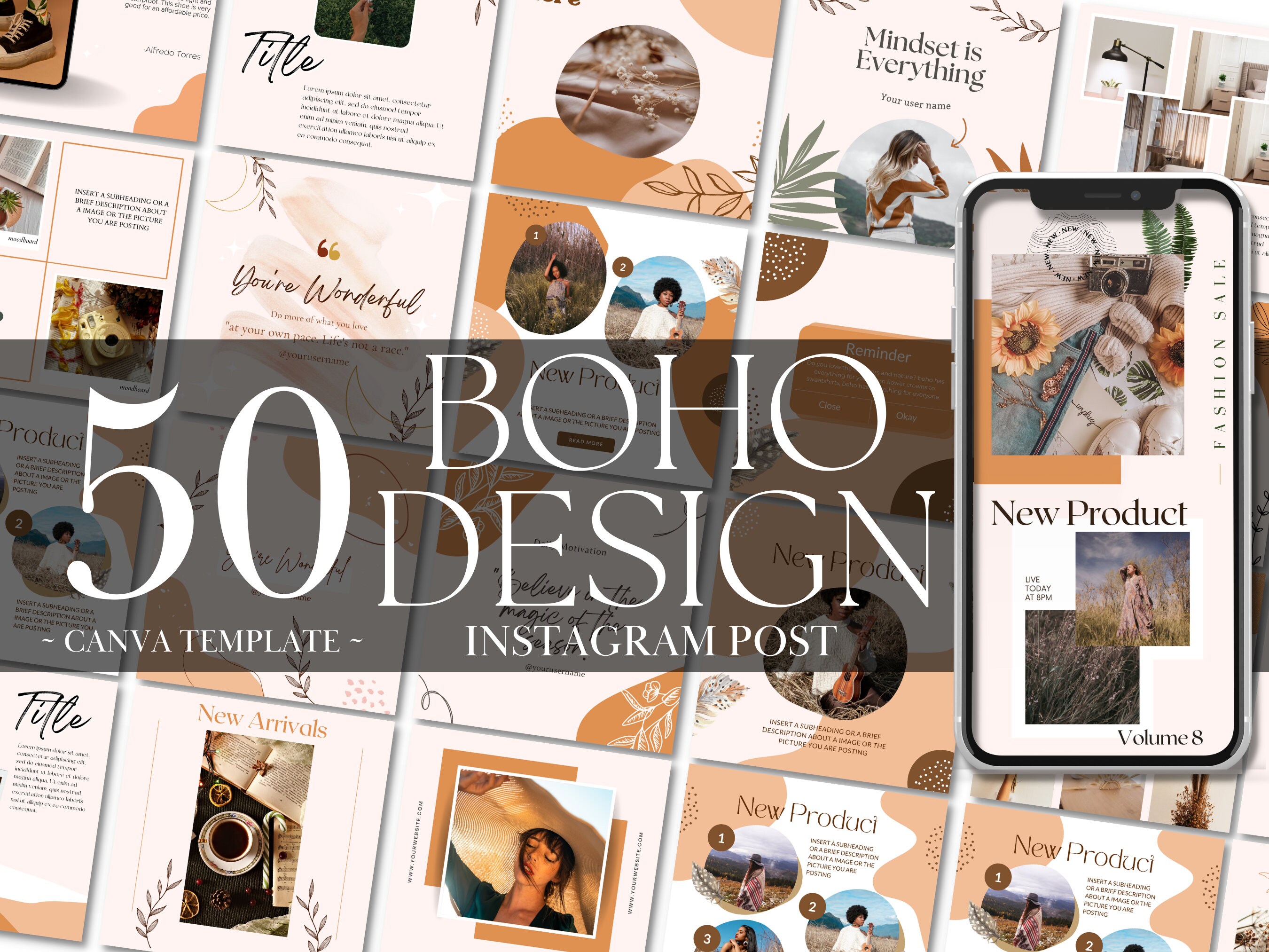 Boho-themed Instagram Post Canva Template Bundle for Social Media ...