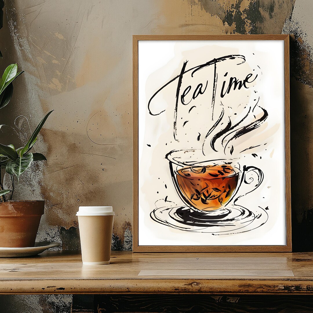 Tea Time Digital Art, Tea Cup Printable, Kitchen Wall Art, Coffee Shop ...