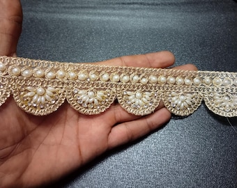 Gold Indian Sequin Pearl Mirror Embellished Net Fabric Trim Sari Dupatta Lace Trim Border, - Etsy