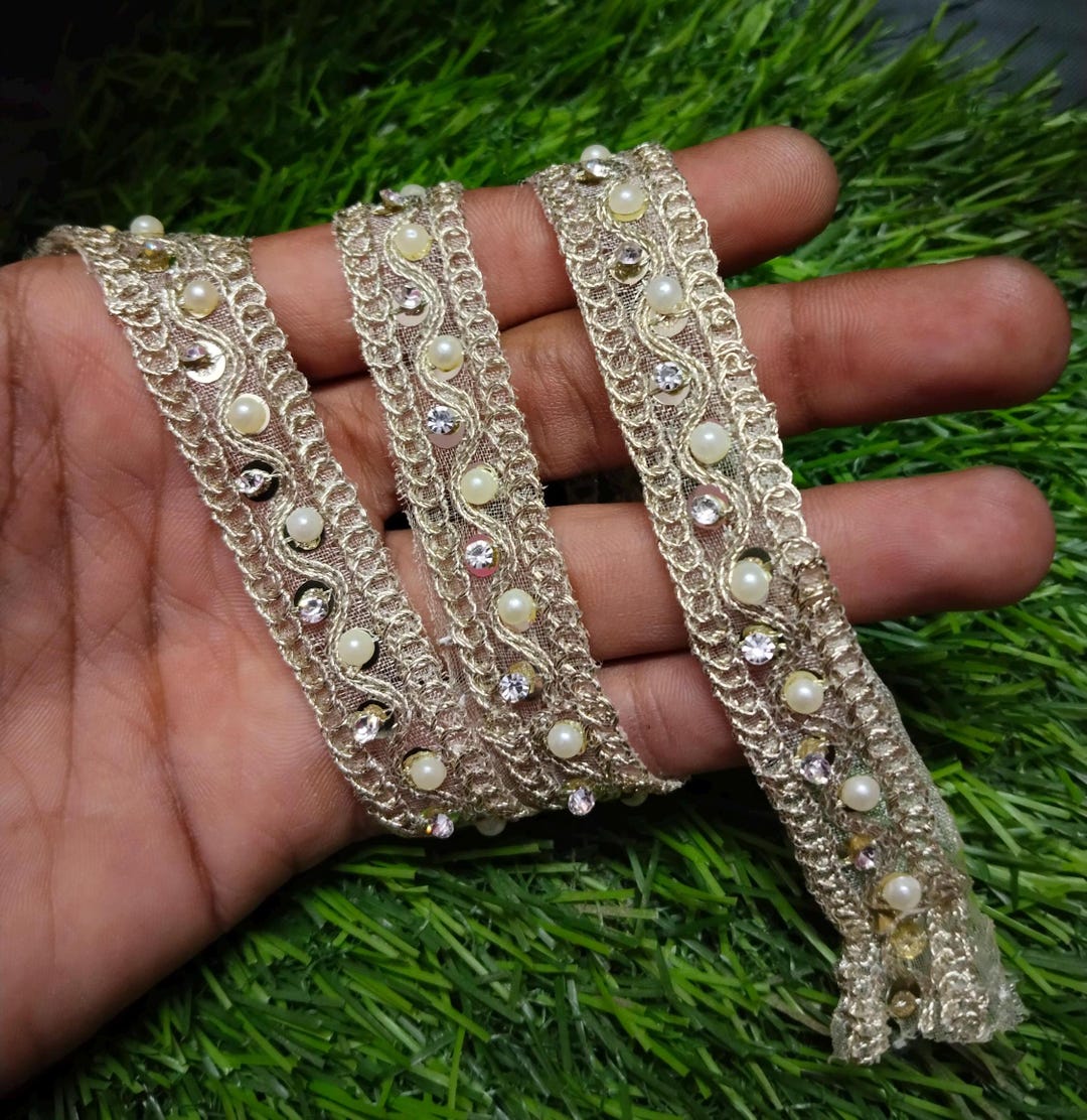 9 Yards - Narrow Scalloped Golden Drop Pearl Trim Lace, Dupatta Saree Suit Border Ribbon Lace ...