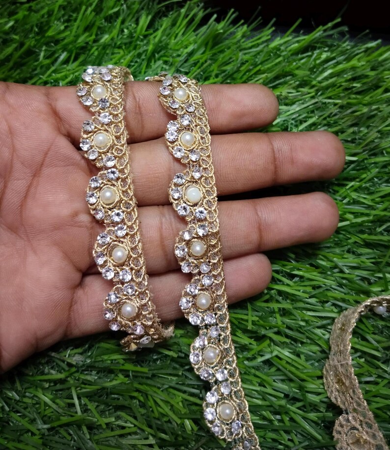 9 Yards - Golden Sequin & Zari Trim Lace, Dupatta Saree Suit Border Lace, Indian Embroidered ...