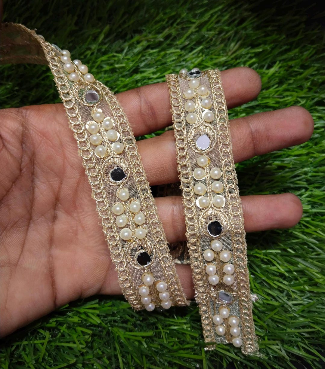 9 Yard Narrow Golden Beaded Pearl Trim Lace, Dupatta Saree Suit Border Ribbon Lace, Indian ...