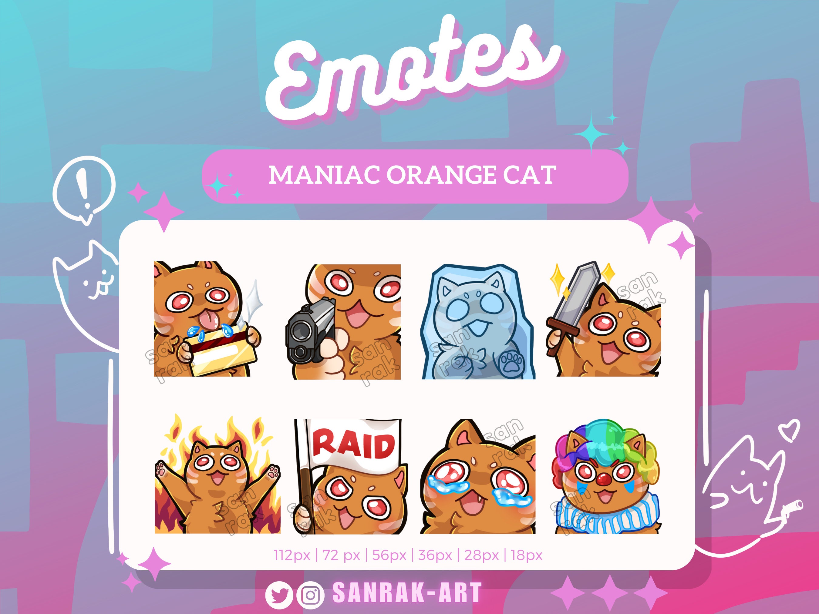 Cute Maniac Orange Cat Emotes Sub Badges for Twitch/youtube/discord ...