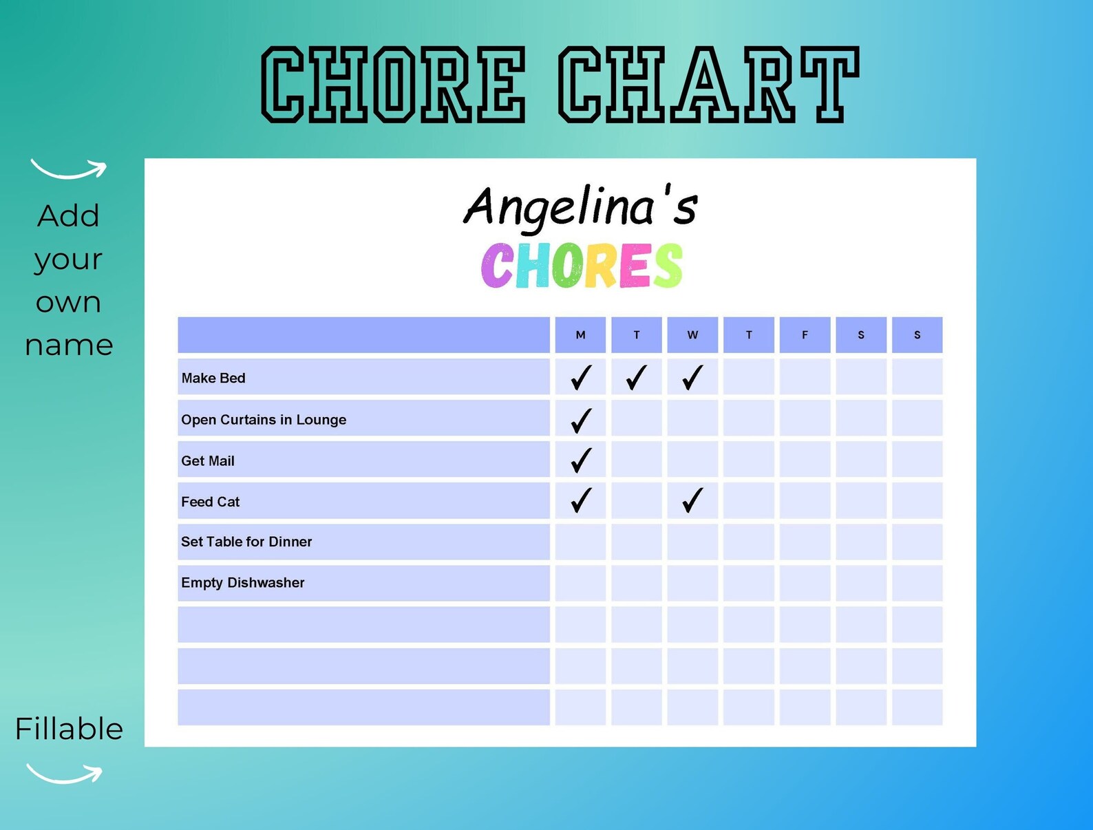 Fillable Chore Chart- Digital Download - Etsy