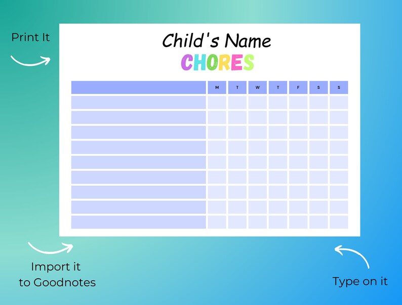 Fillable Chore Chart- Digital Download - Etsy