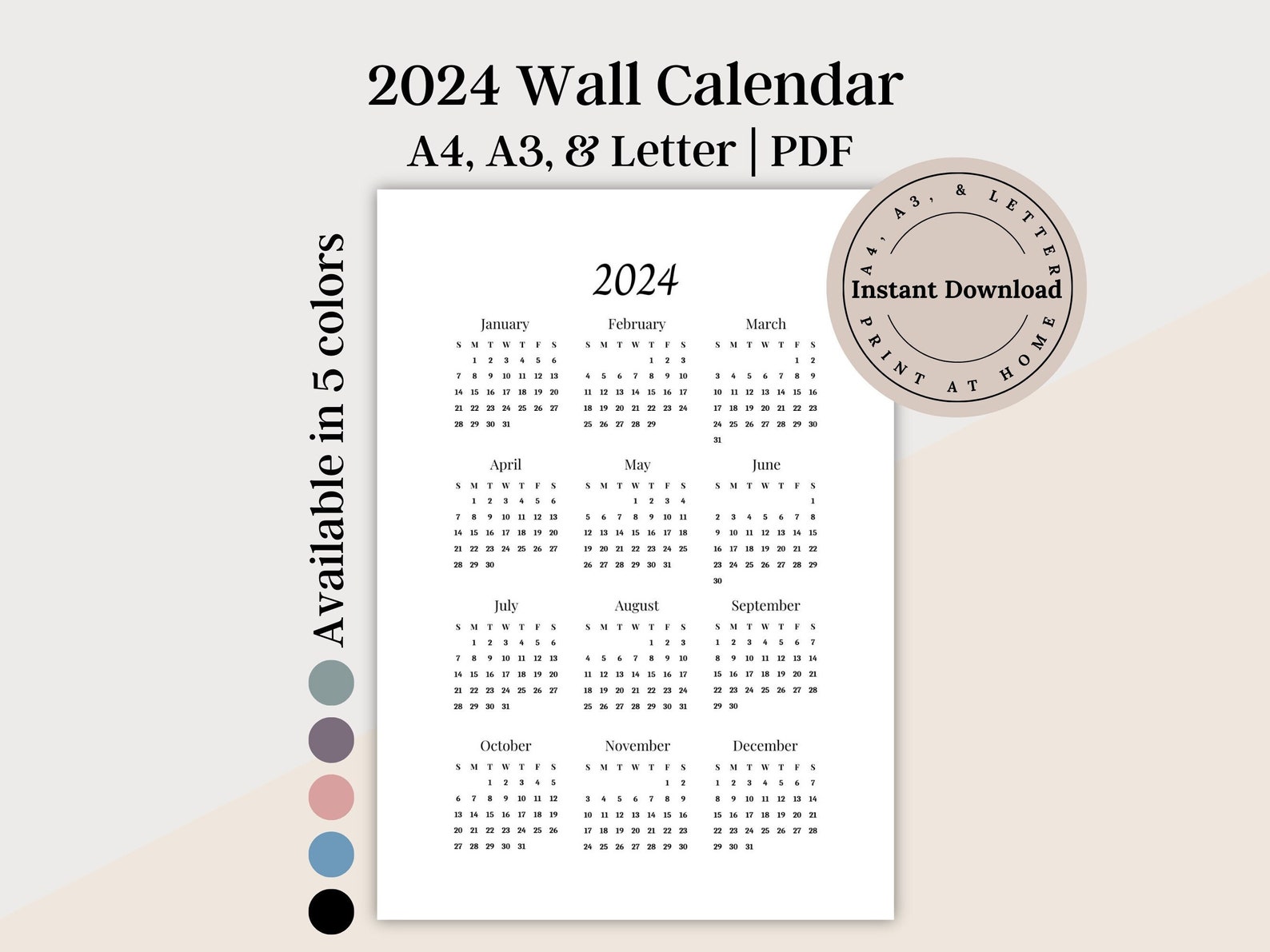 Printable 2024 Yearly Wall Calendar 2024 Calendar 2024 Minimalistic ...