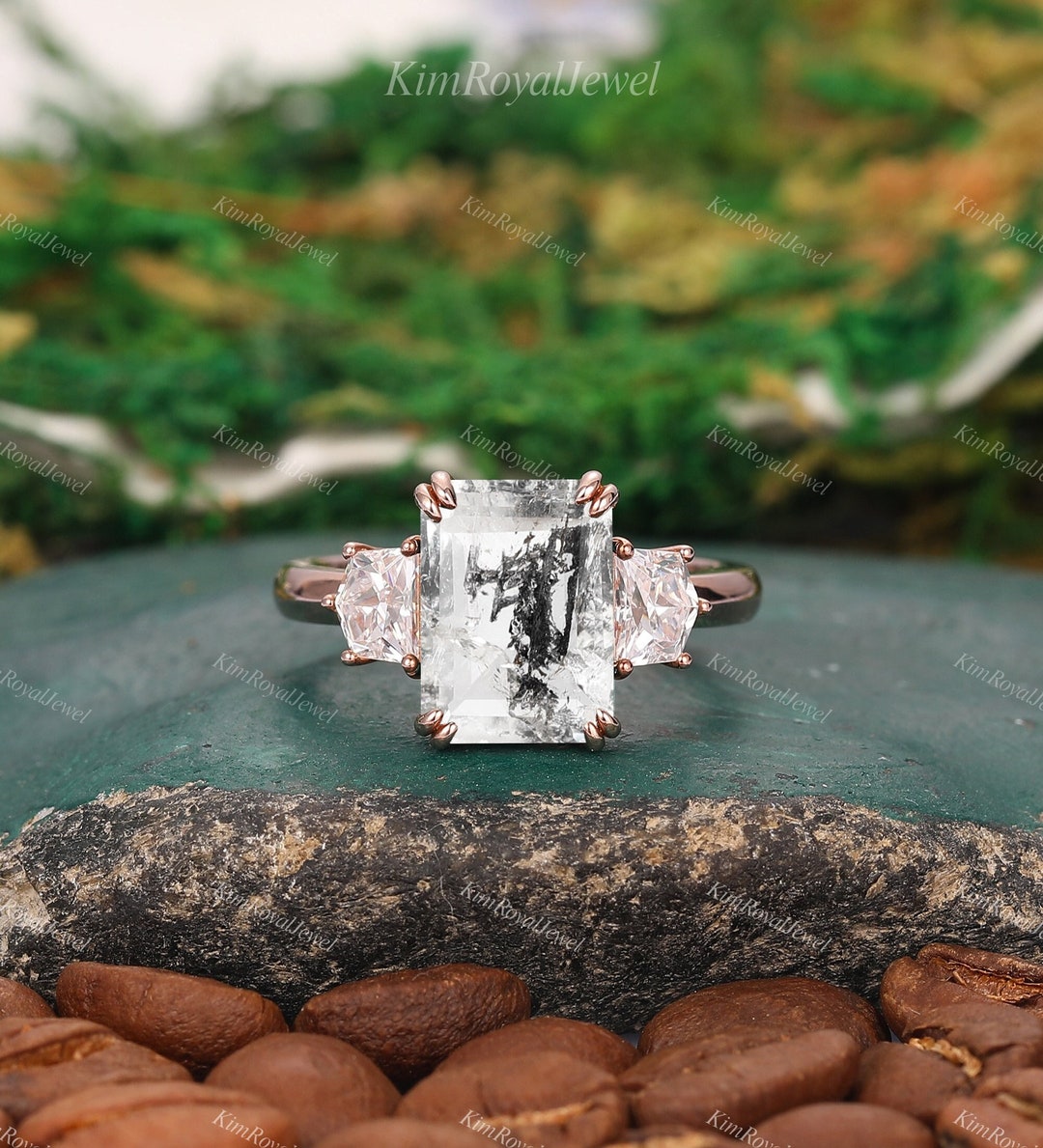 Triple Gray Diamond Ring, 14k Gold Herkimer Diamond Wedding Ring, Anniversary Rings for Women ...