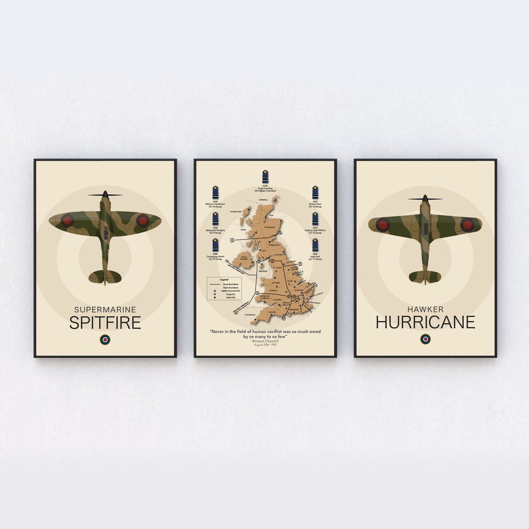 RAF Battle of Britain Poster/print Trio Spitfire, Hurricane and Map of ...