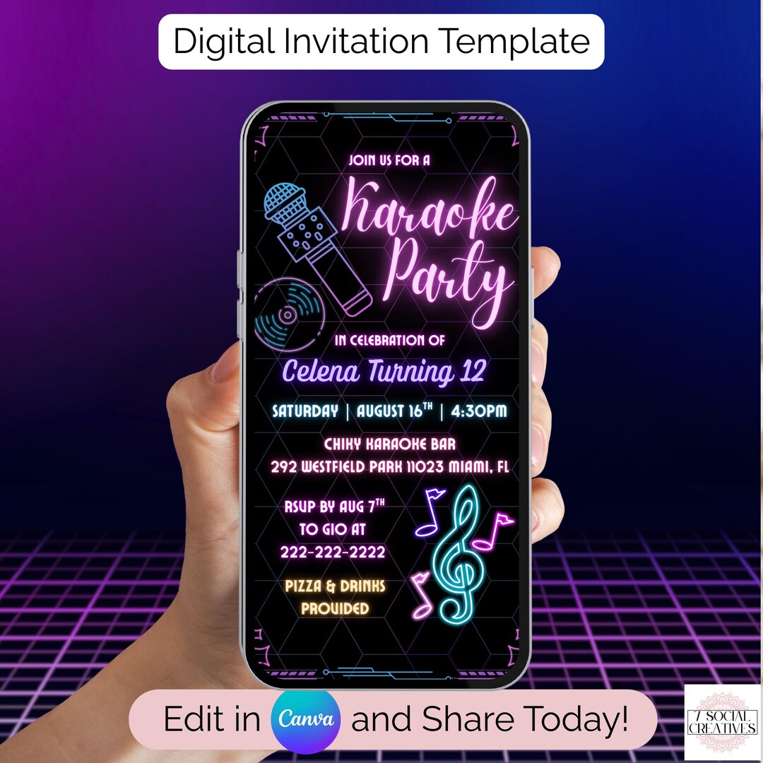 Neon Karaoke Birthday Invitation. Digital Animated Girls or Boys Any ...