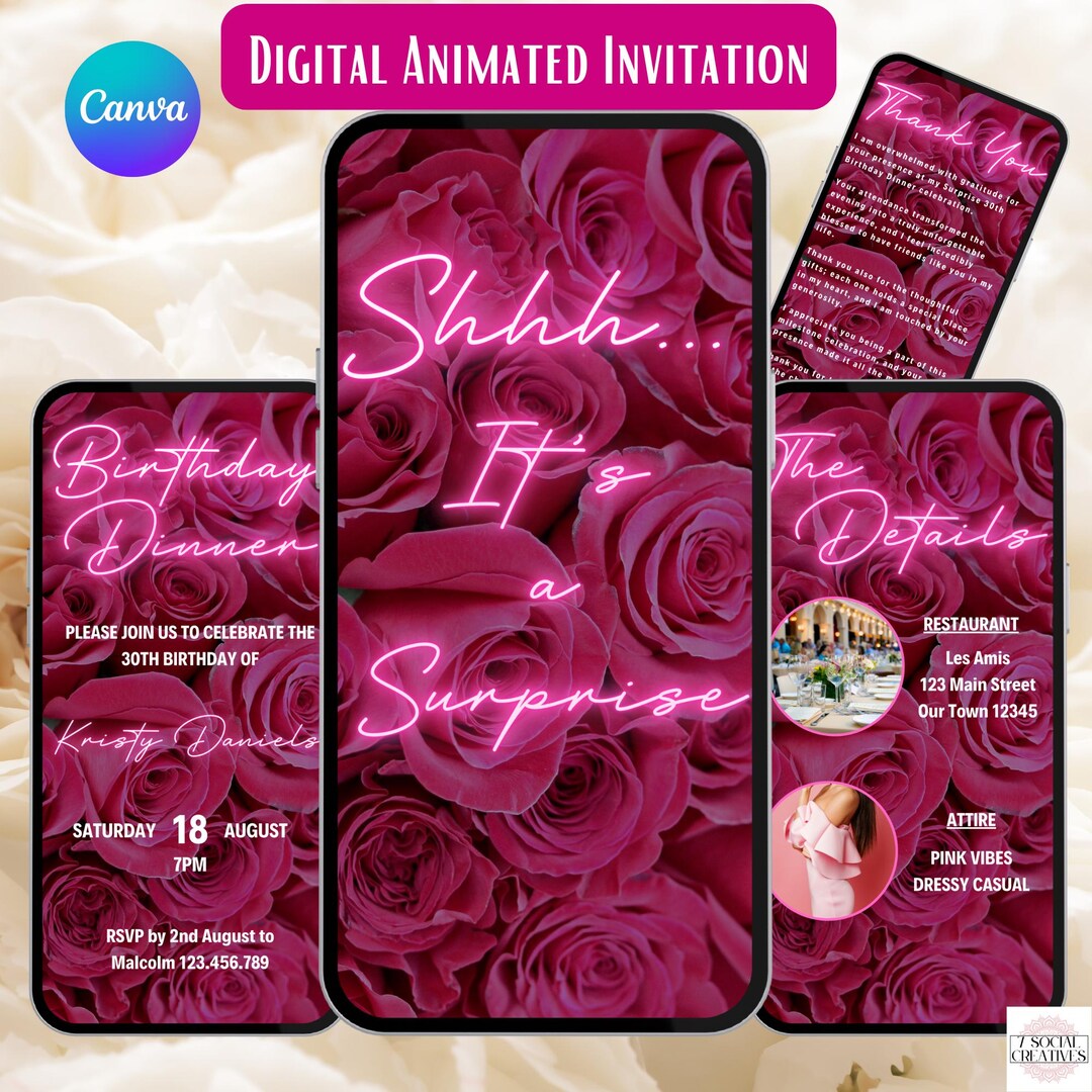 Pink Surprise Birthday Dinner Invitation. Digital Ladies Rose Floral ...