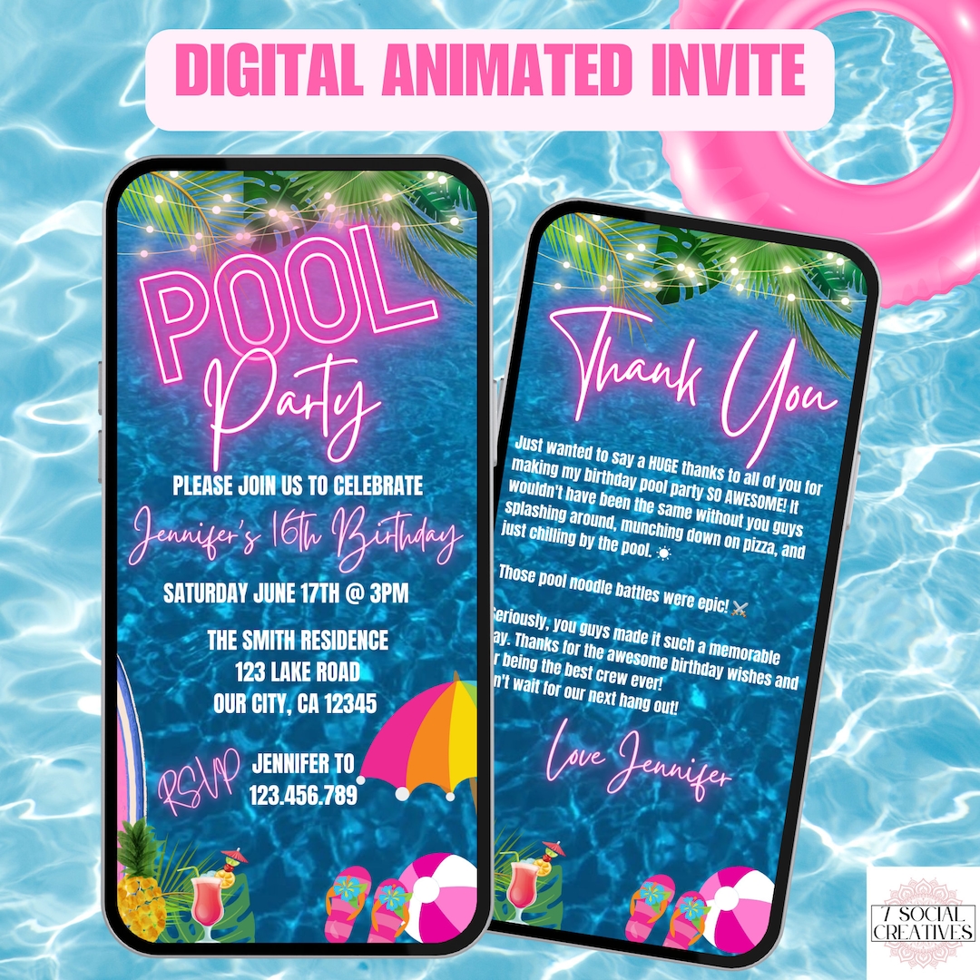 Girls Pool Party Birthday Invitation . Digital Neon Pink Teen or Kids ...