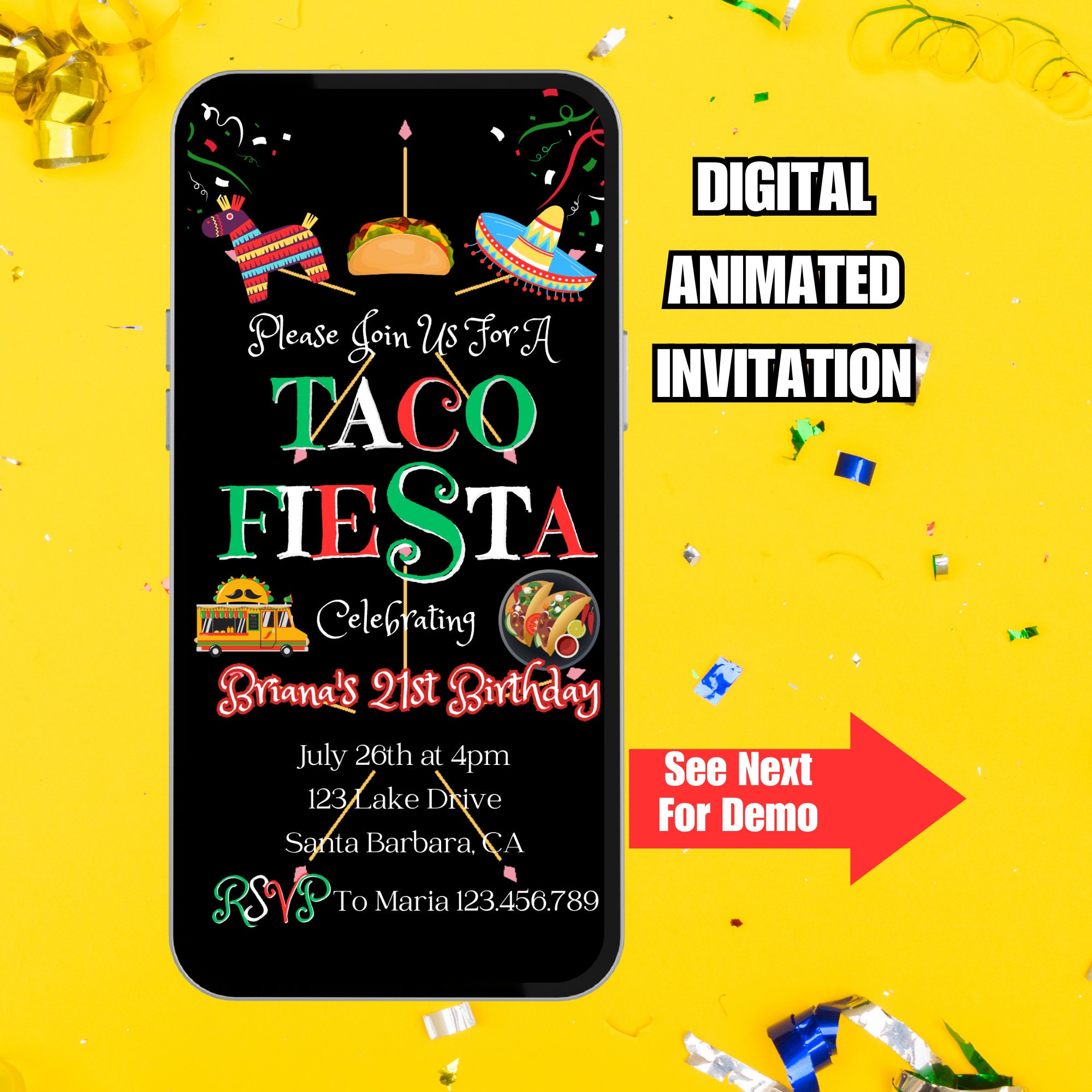 Digital Taco Birthday Invitation. Animated Taco Tuesday Mexican Theme ...