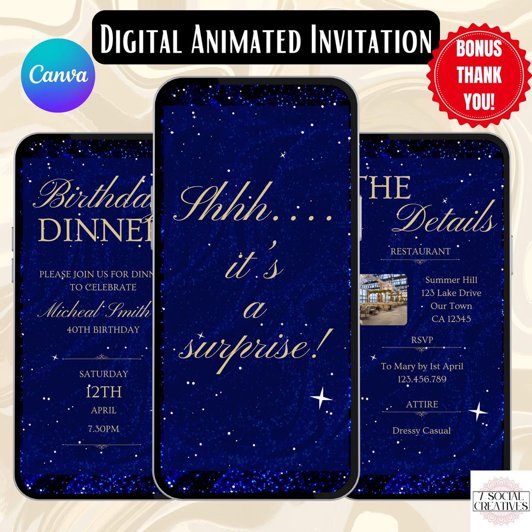 Blue Surprise Birthday Dinner Invitation. Animated Digital Party Invite ...