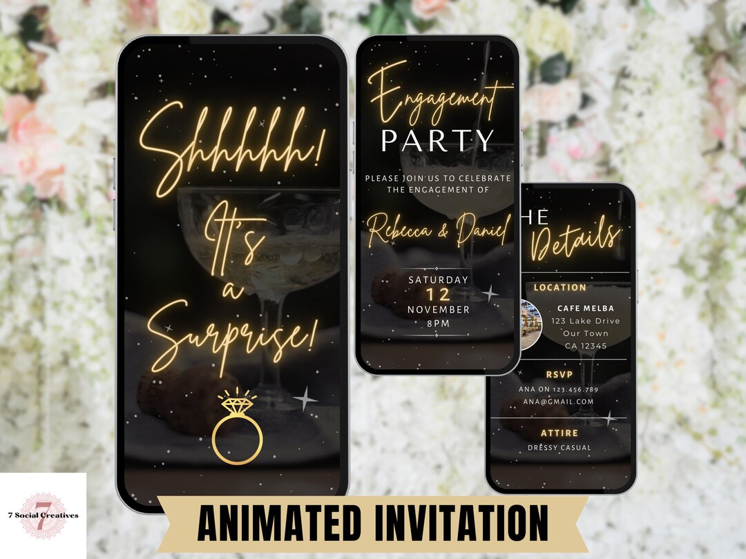 Surprise Engagement Party Invitation in Black and Gold. Digital ...