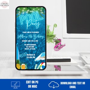 Blue Pool Party Birthday Invitation Video. Neon Beach Theme Tropical ...