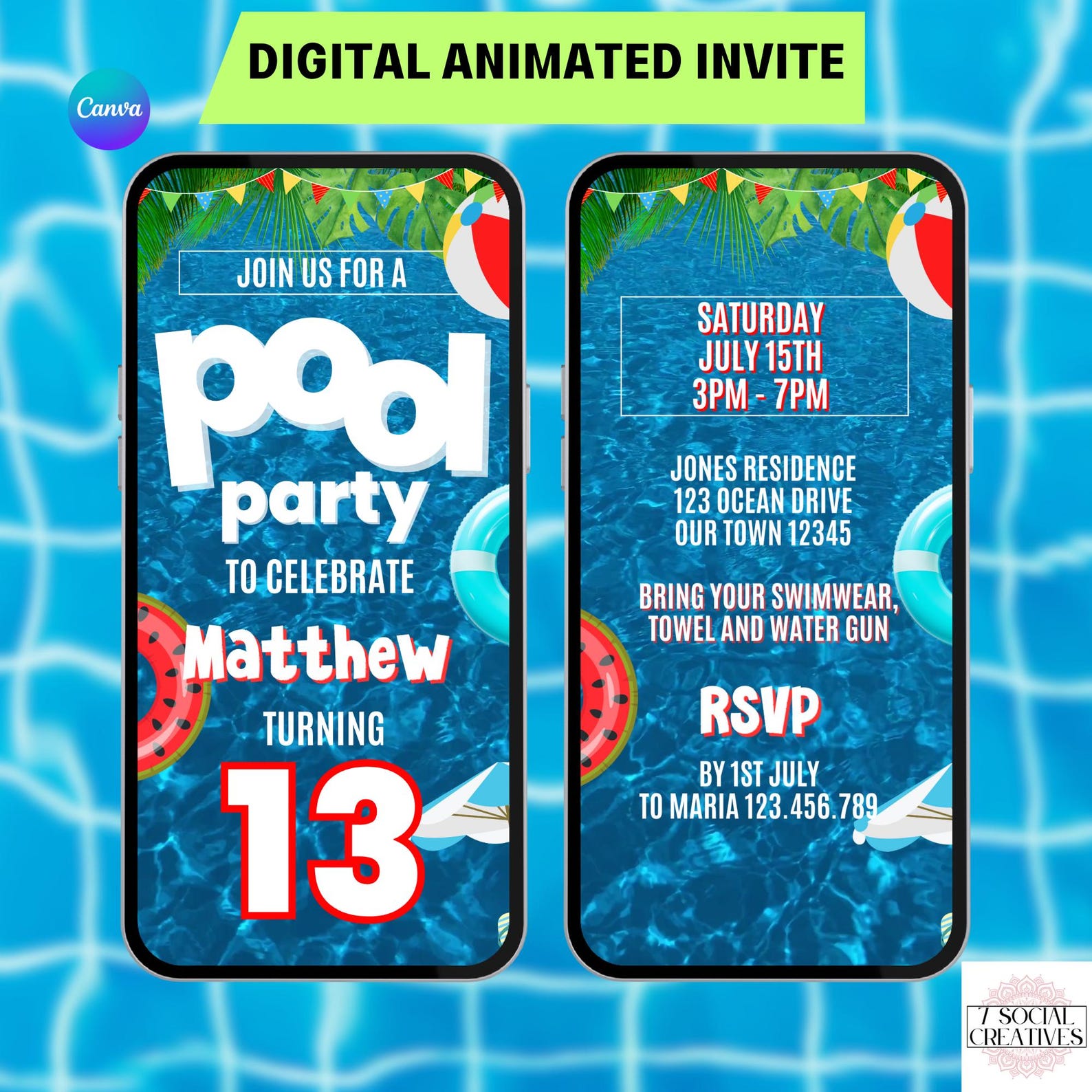 Boys 13th Birthday Pool Party Invitation in Blue. Digital Summer Tween ...