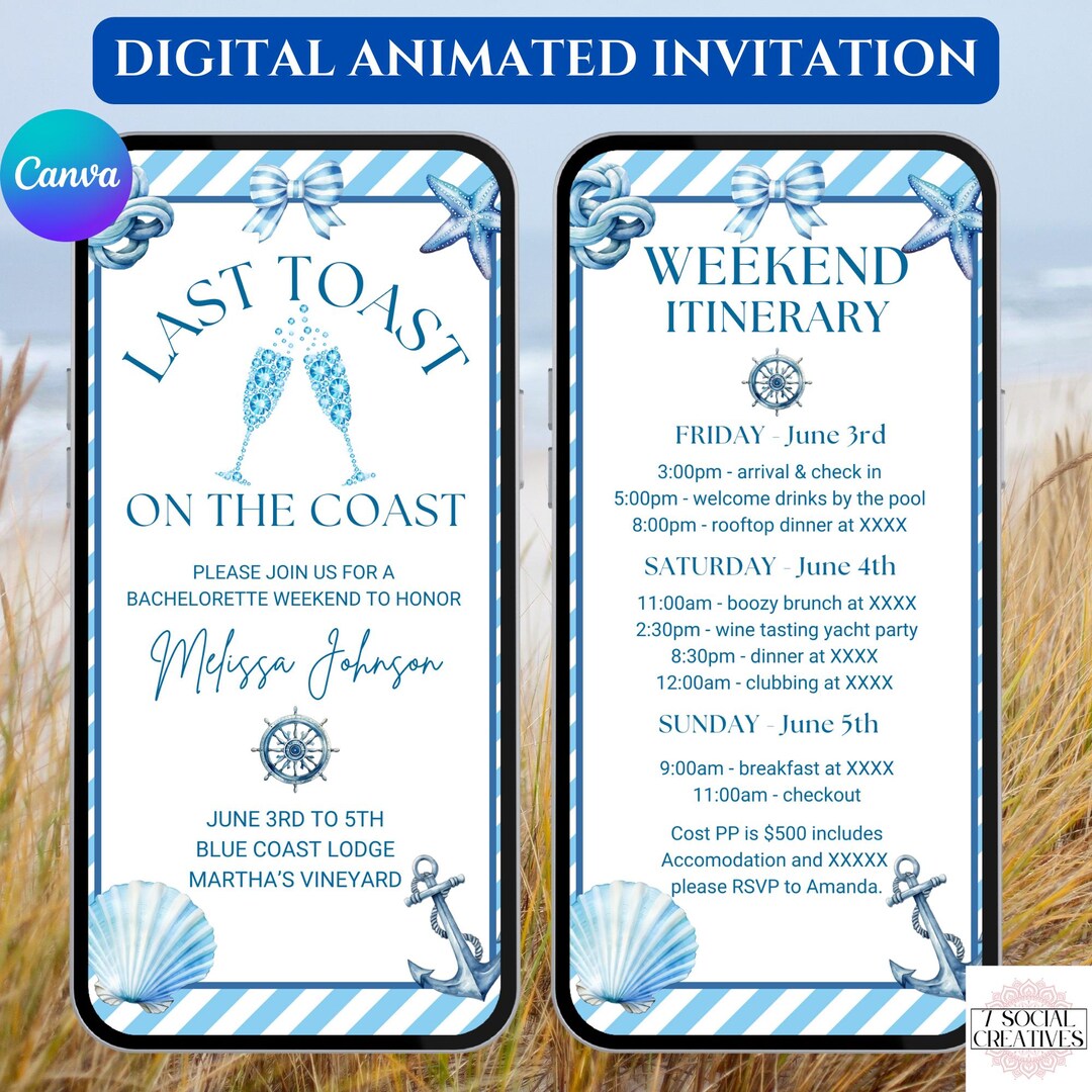 Last Toast on the Coast Bachelorette Invitation Itinerary. Digital ...