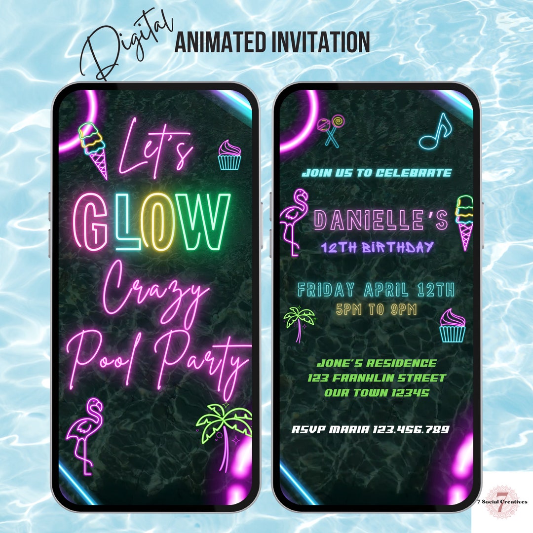 Digital Glow Pool Party Invitation. Neon Glow in the Dark Birthday ...