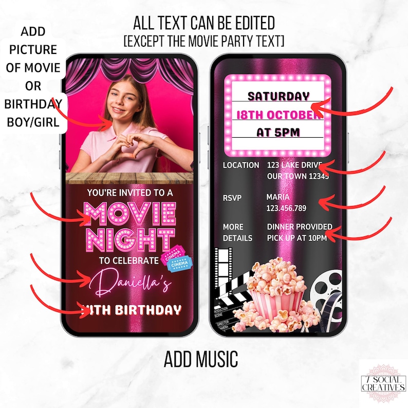 Pink Movie Birthday Party Invitation With Picture. Digital Girls Movie ...
