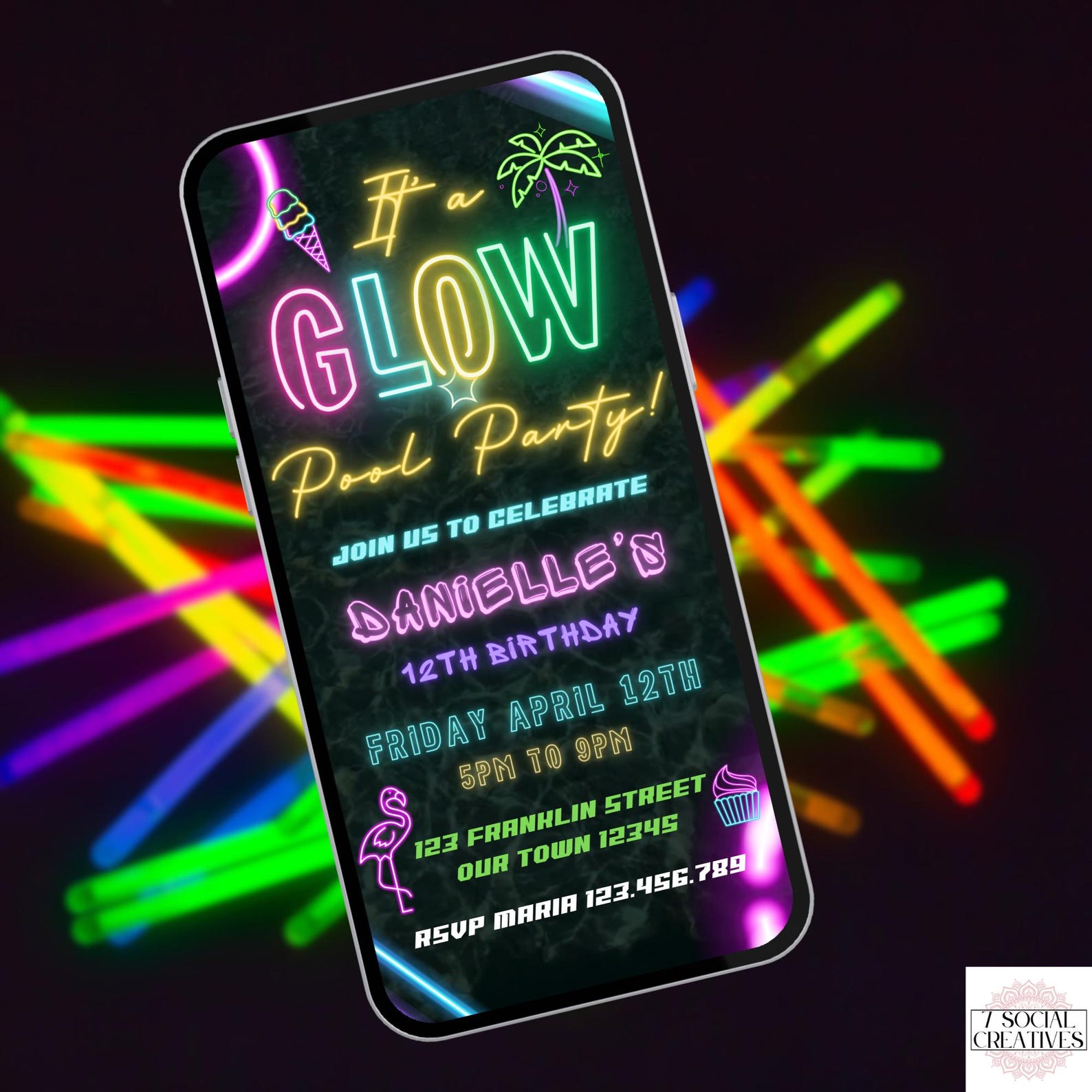 Glow Pool Party Invite. Digital Neon Glow in the Dark Birthday ...