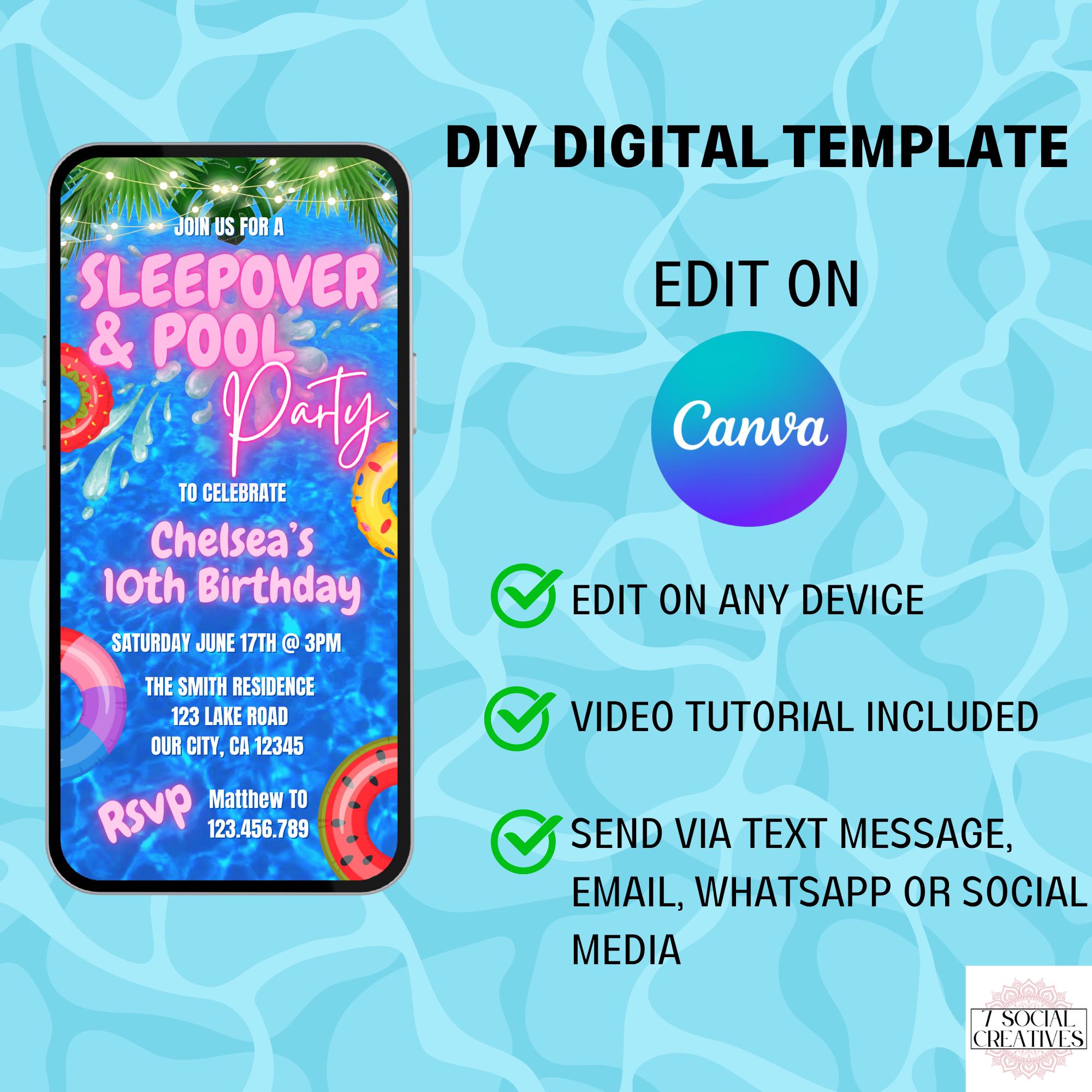 Sleepover and Pool Party Invitation. Digital Animated Girls Neon Pink ...