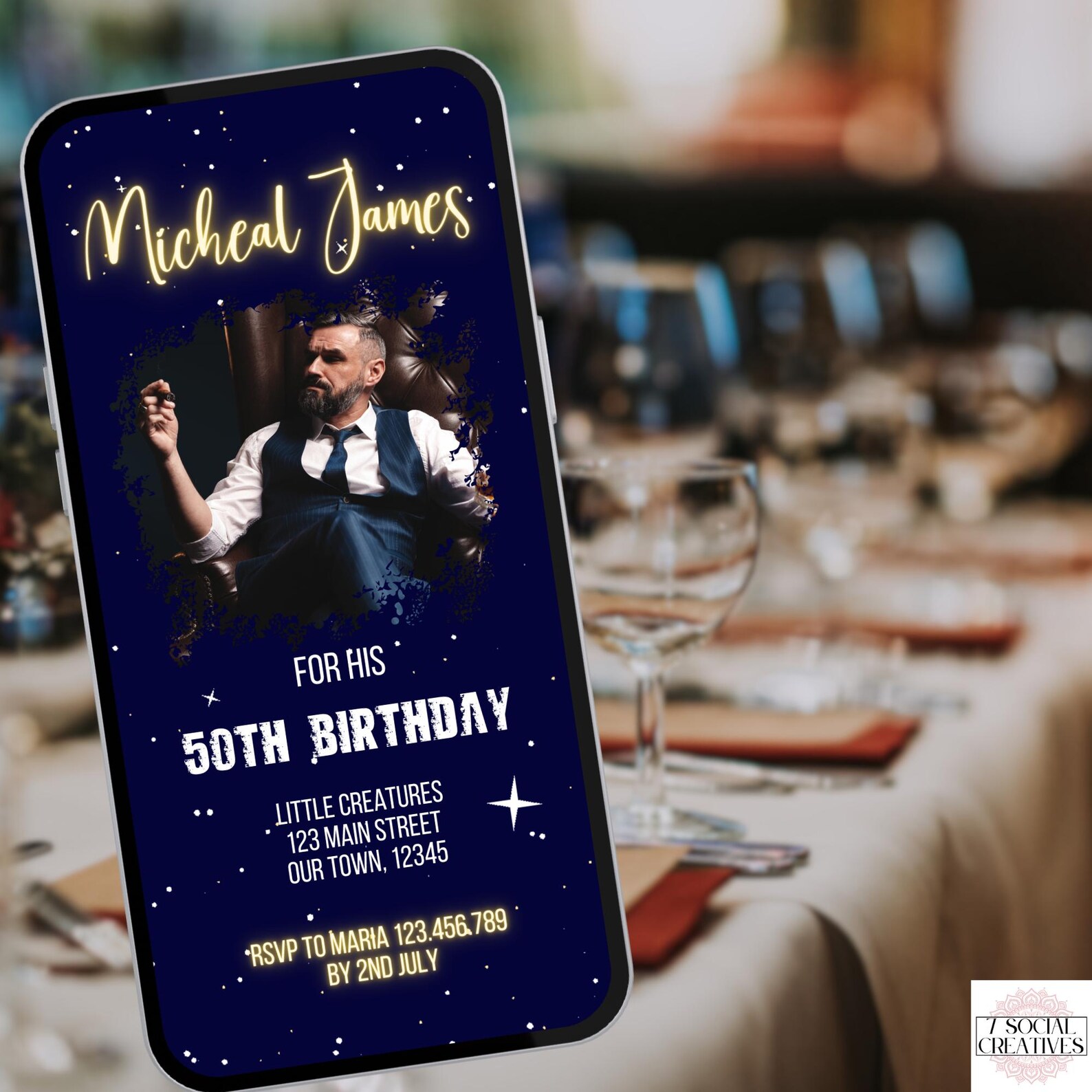 Mens Birthday Dinner Invitation Template in Blue. Digital Party Invite ...