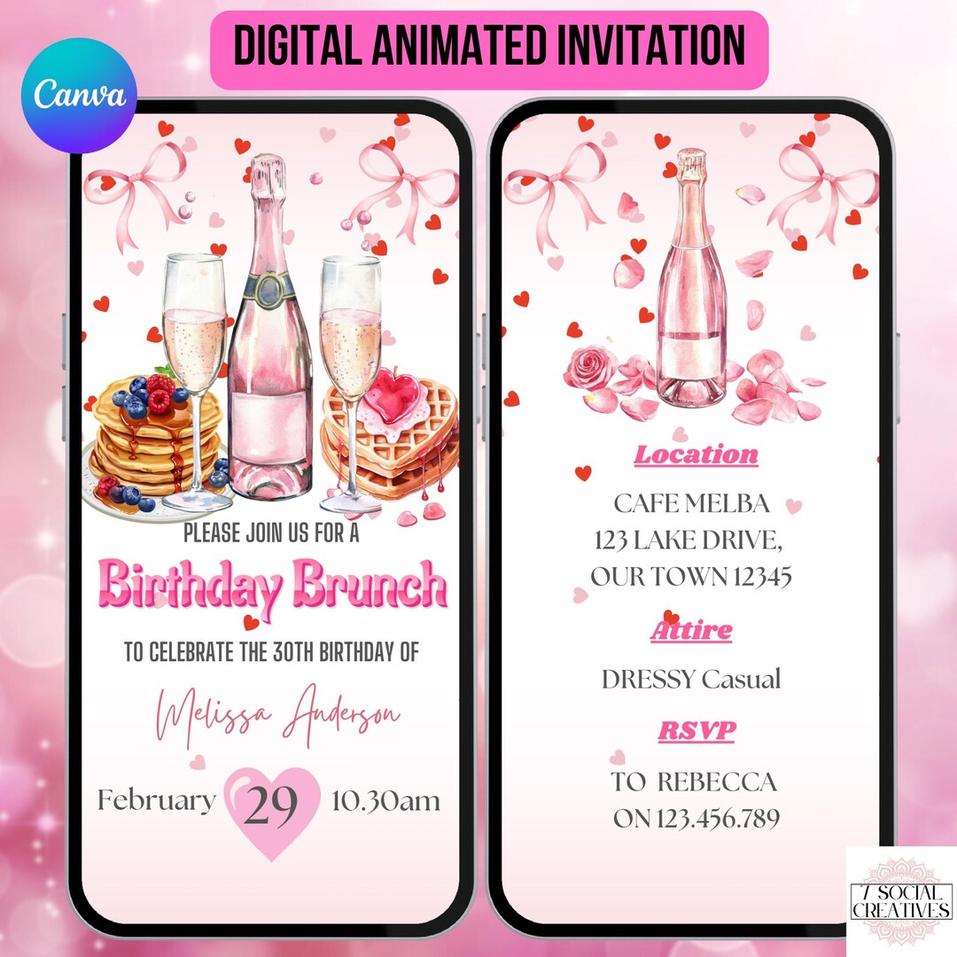 Birthday Champagne Brunch Invitation. Digital Ladies Party Invite. Pink ...