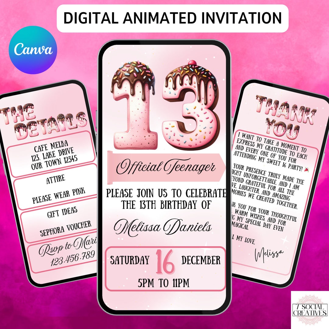 Girls 13th Birthday Party Invitation. Digital Animated Official ...