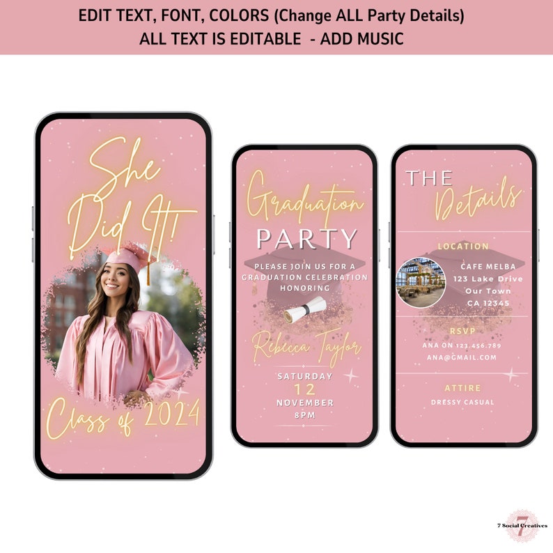 Graduation Party Invitation With Photo Pink. Digital Girls Class of ...