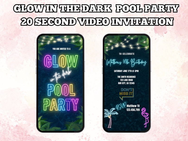 Glow Pool Party Invitation Video. Neon Glow in the Dark - Etsy