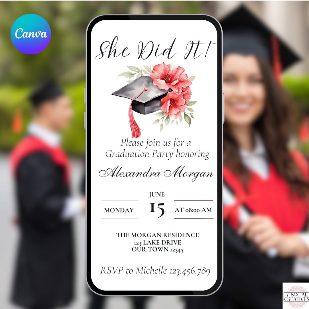 She Did It Graduation Invitation. Digital College or High School Grad ...
