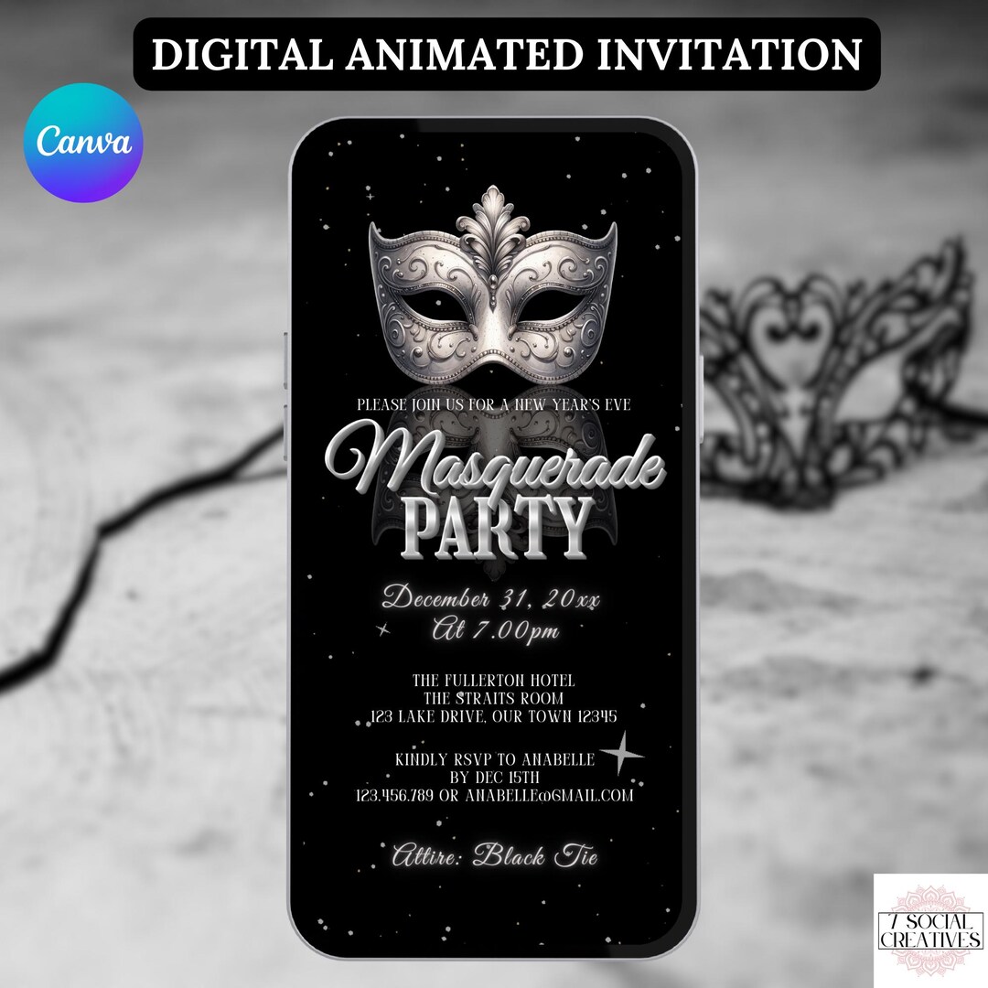 New Year's Eve Masquerade Party Invite. Digital Animated Black and ...