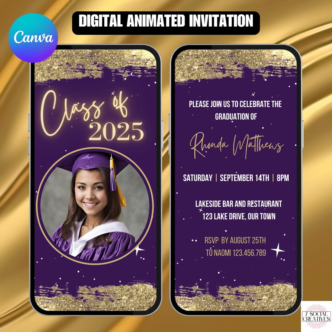 Class of 2025 Graduation Invite With Photo. Digital Purple and Gold ...