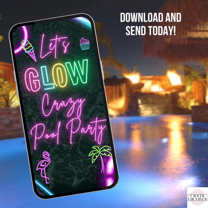 Digital Glow Pool Party Invitation. Neon Glow in the Dark Birthday ...