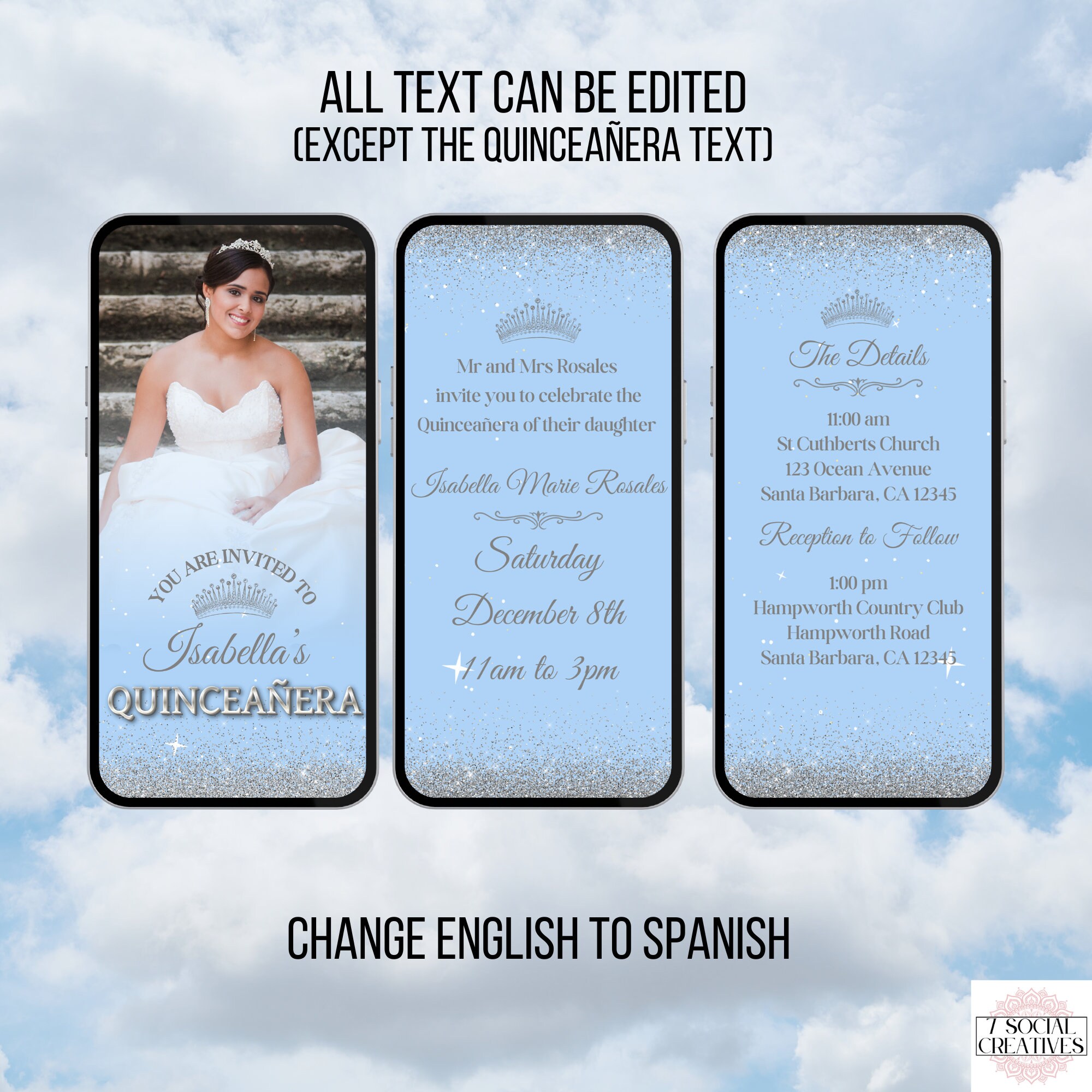 Light Blue Quinceañera Invitation With Photo. Digital Mis Quince Años ...