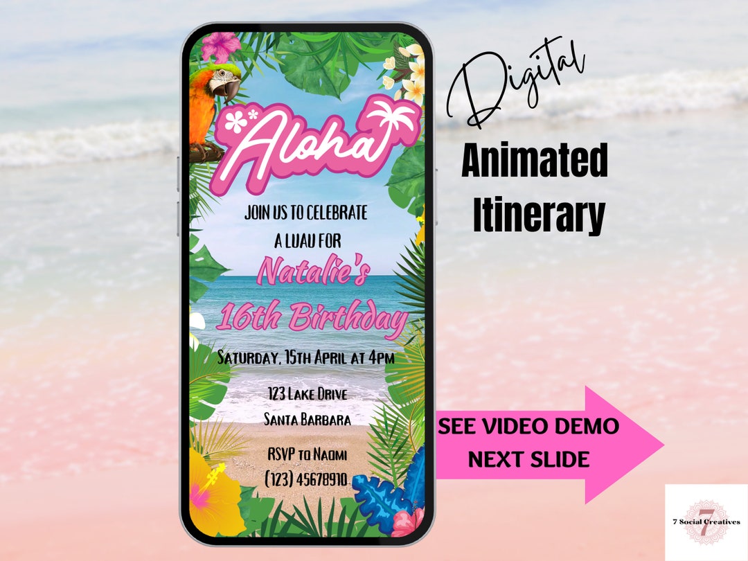 Aloha Luau Party Invitation in Pink. Digital Animated Invite With ...