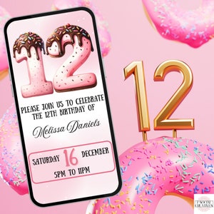Girls 12th Birthday Party Invitation. Digital Animated Fun Donut Theme ...