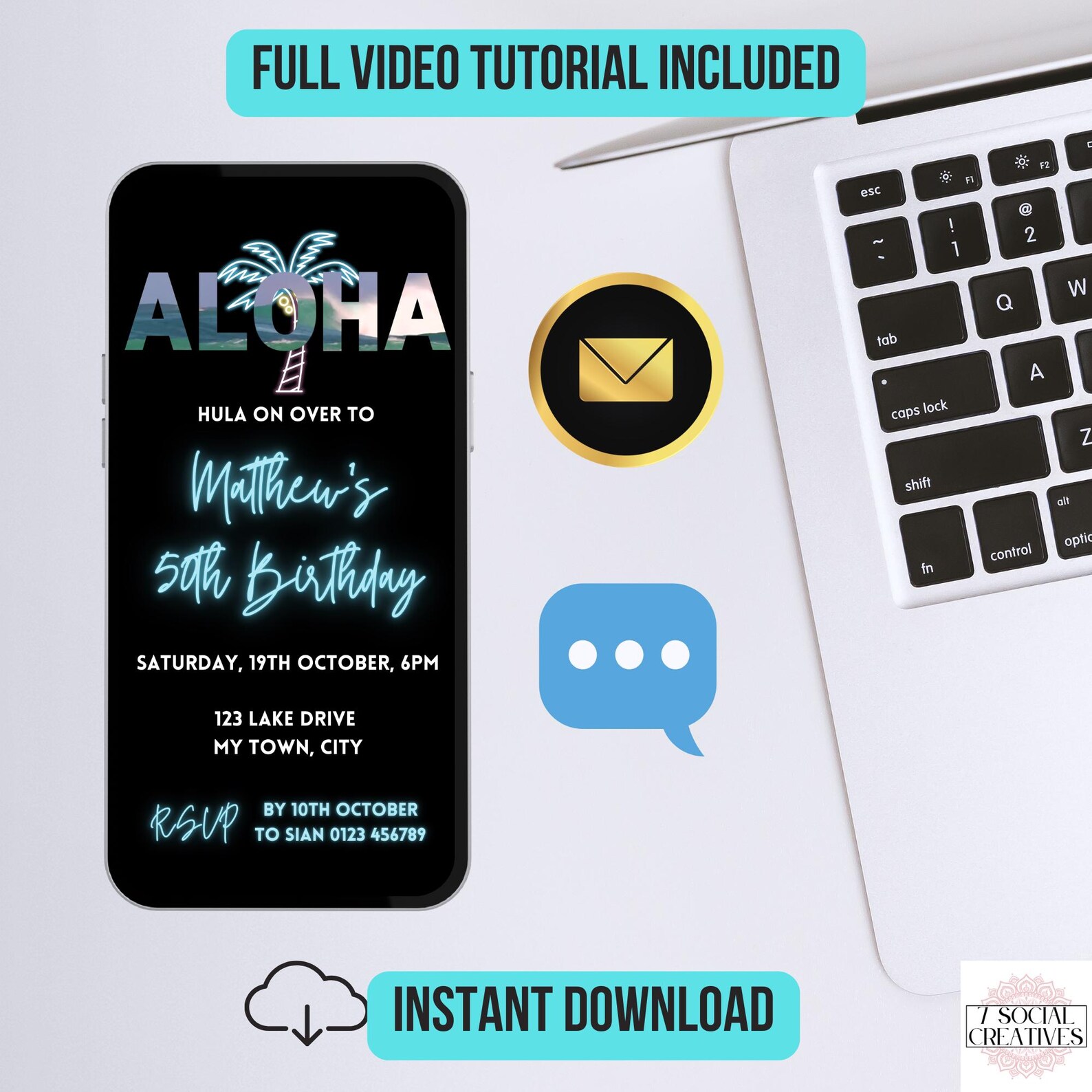 Digital Aloha Invitation. Mens Animated Luau Hawaii Theme Invite in ...