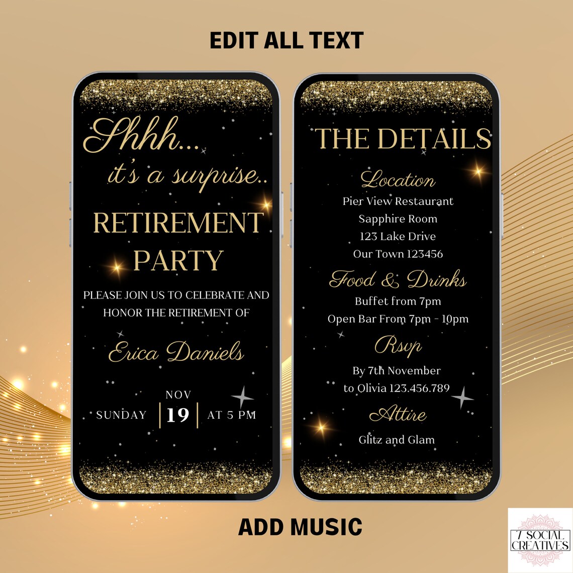 Surprise Retirement Party Invitation in Black and Gold. Digital ...