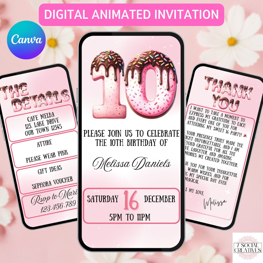Girls 10th Birthday Party Invitation. Digital Animated Fun Donut Theme ...