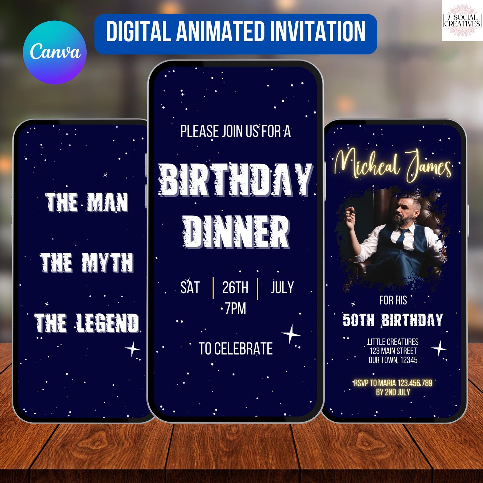 Mens Birthday Dinner Invitation Template in Blue. Digital Party Invite ...