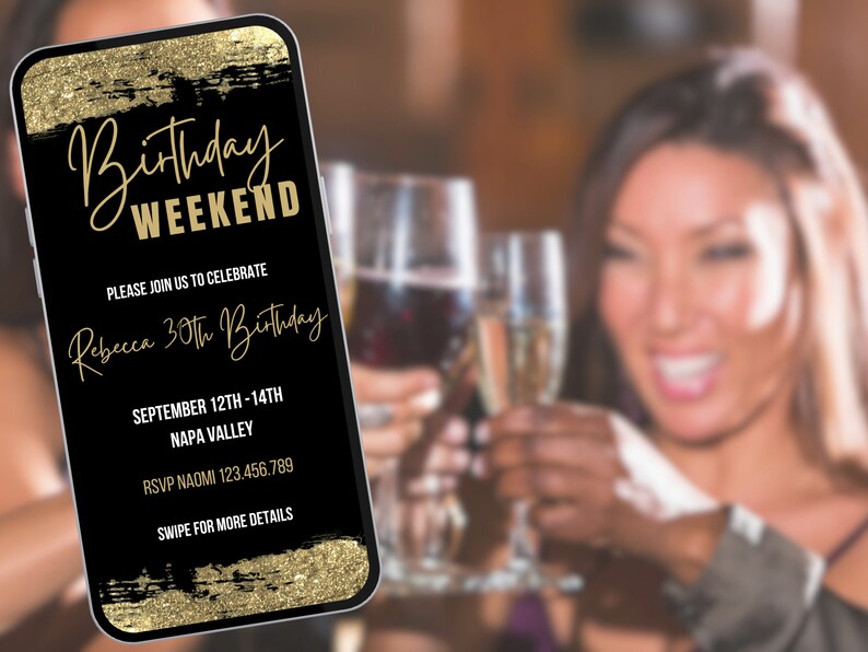Birthday Weekend Itinerary Invitation Black and Gold. Digital Animated ...