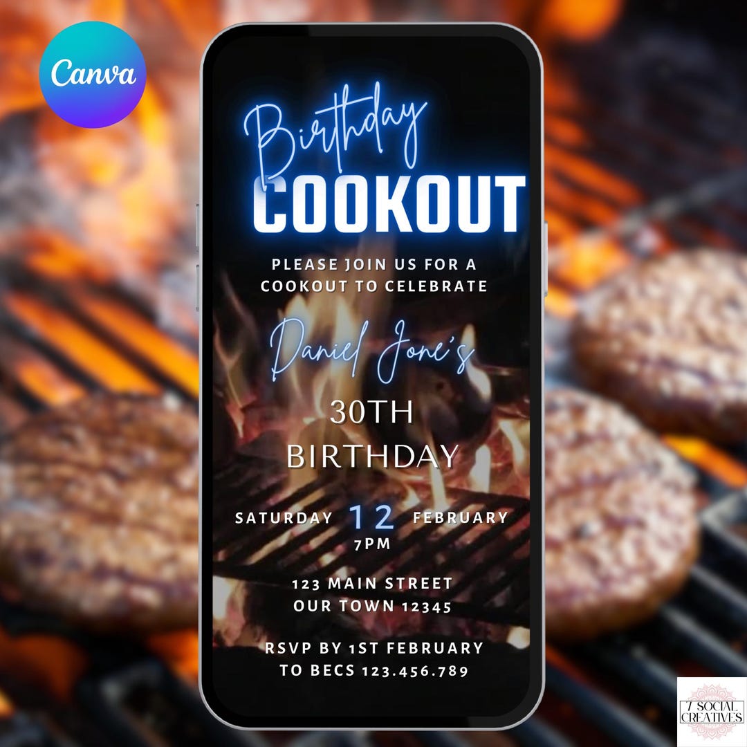 Birthday Cookout Invitation in Blue. Digital Backyard Summer Chill and ...