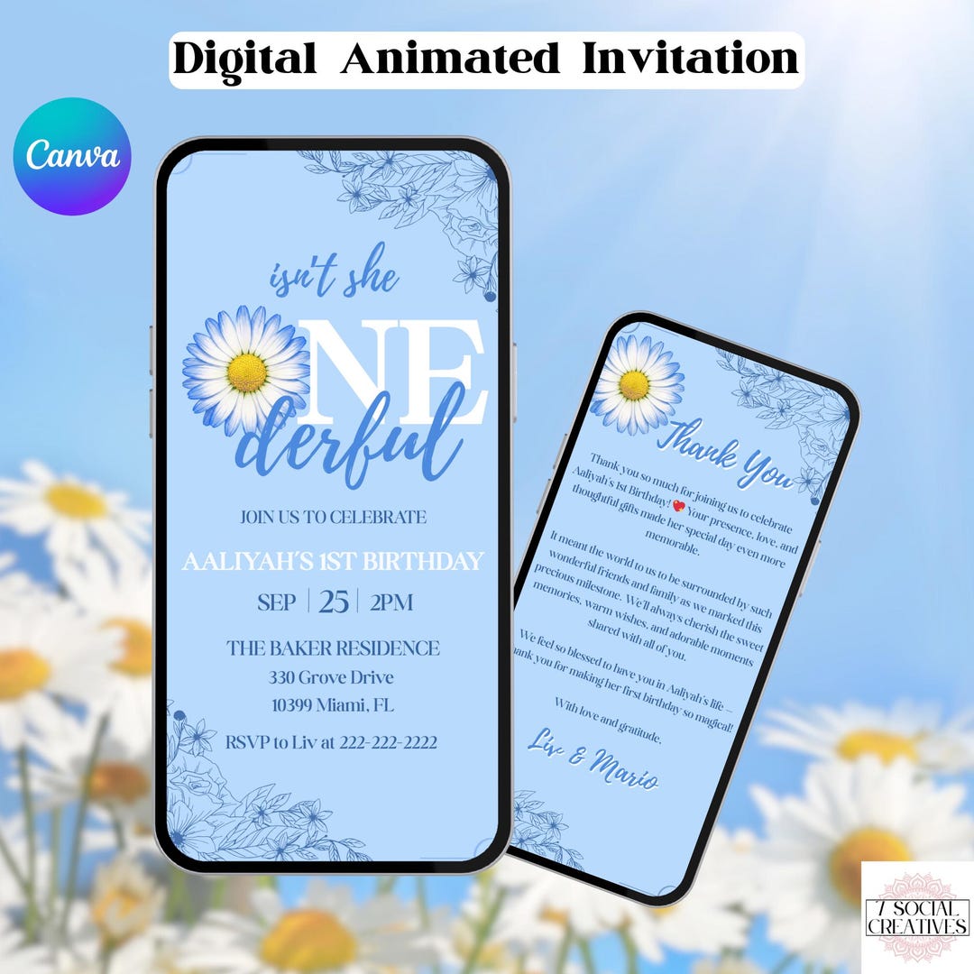Daisy First Birthday Invitation. Digital Animated Blue Floral 1st Party ...