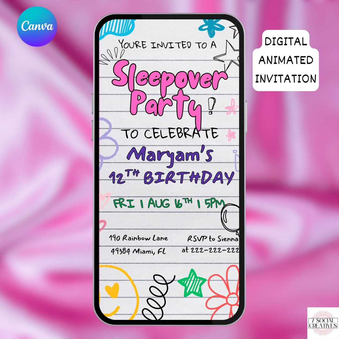 Girls Sleepover Party Invitation. Digital Animated Pink Birthday ...