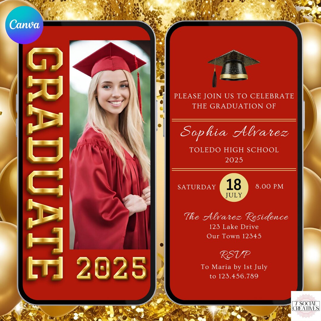 Red Graduation Party Invitation Digital. High School or College Grad ...